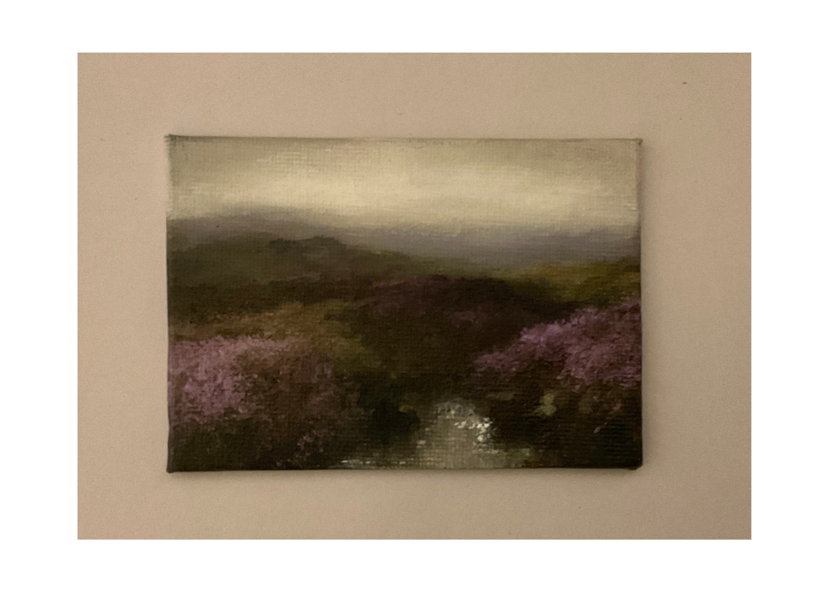 Small Stream, Heather Bank - Miniature Oil Painting by Judith Levin