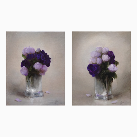 Lisianthus in a Crystal Vase Pair - Judith Levin Oil Paintings